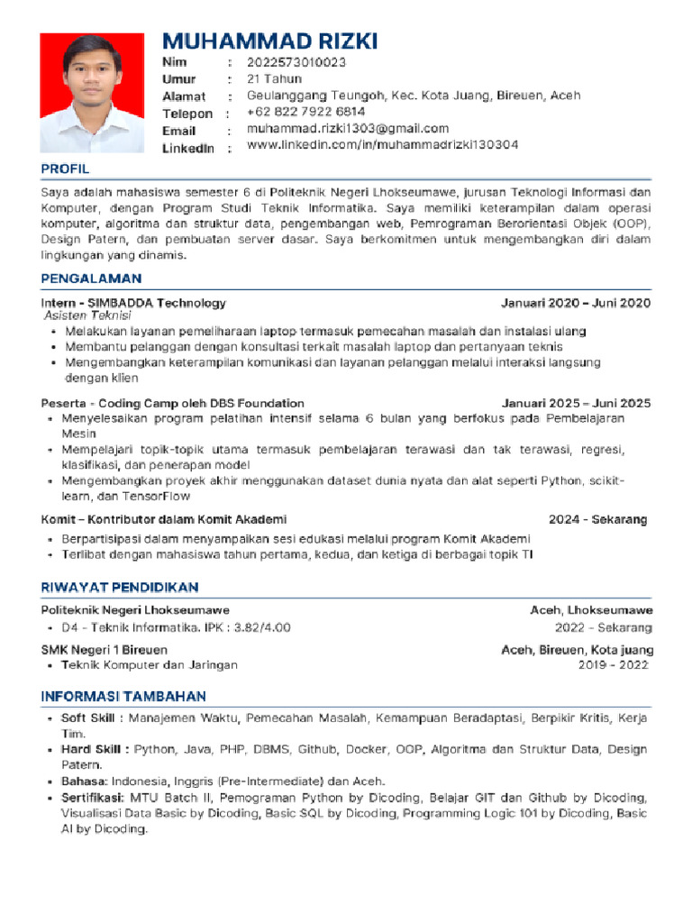 CV Muhammad Rizki - 001 | PDF