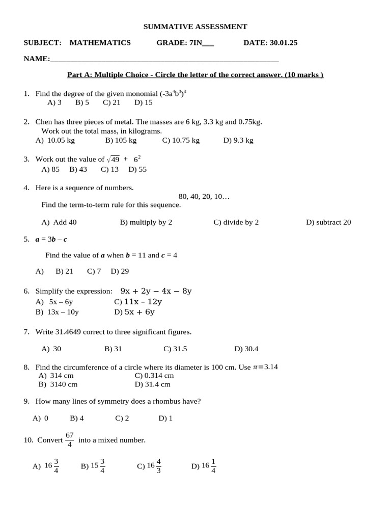 SUMMATIVE ASSESSMENT Grade 7 2025 | PDF | Euclidean Geometry | Elementary Geometry