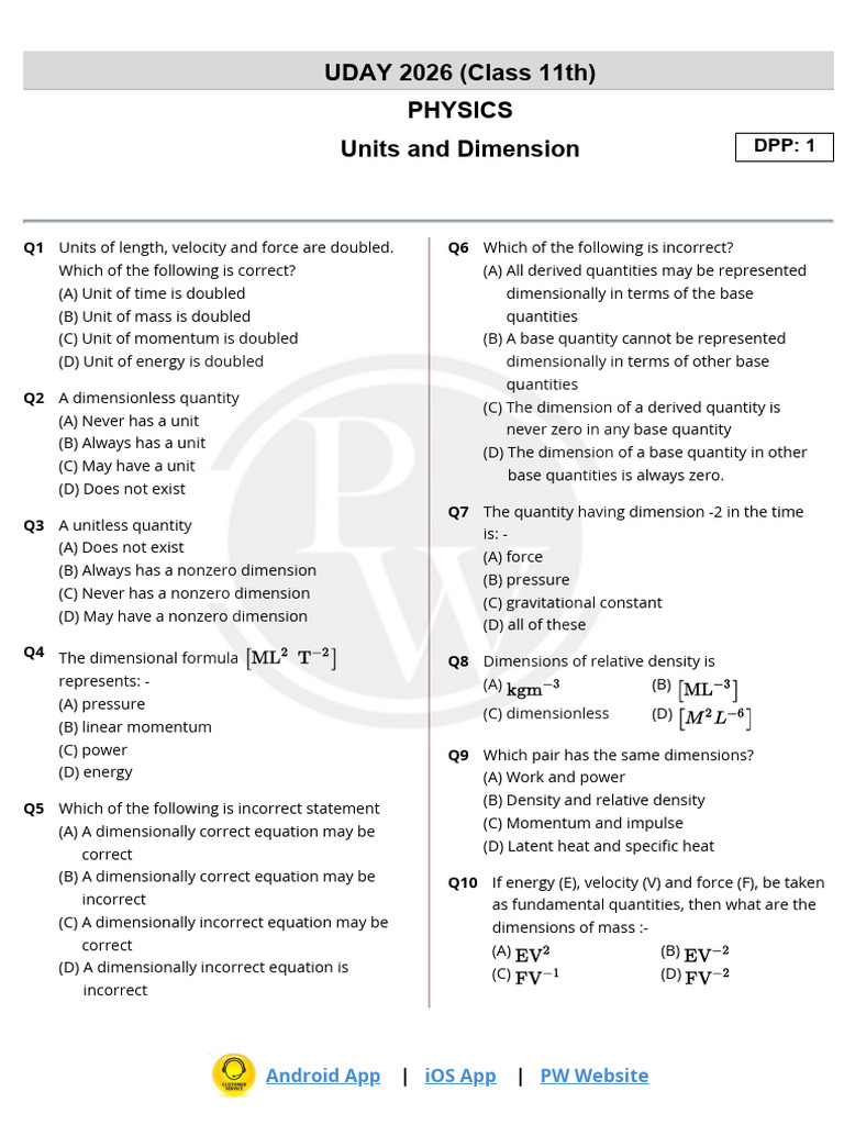 Units and Dimension - DPP 01 (Of Lecture 02) - Uday 2026 (Class 11th ...