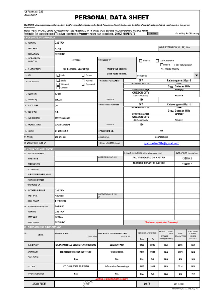 Personal Data Sheet (PDS) Template | PDF | Computing