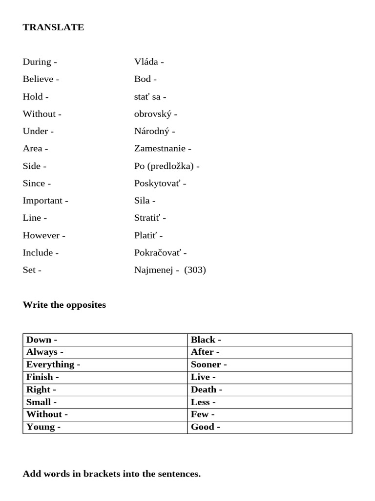 1000 Words - Exercises From First 500 Words | PDF