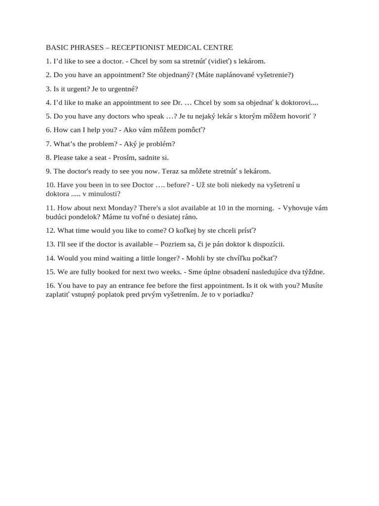 Basic Phrases - Receptionist Medical Centre | PDF