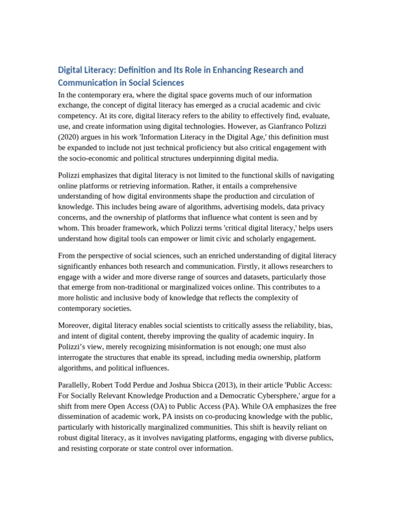 Digital Literacy Social Sciences Essay | PDF | Literacy | Information