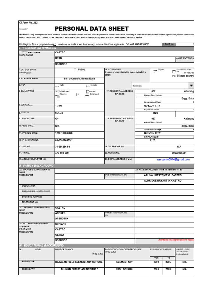 Personal Data Sheet-Ryan Castro | PDF