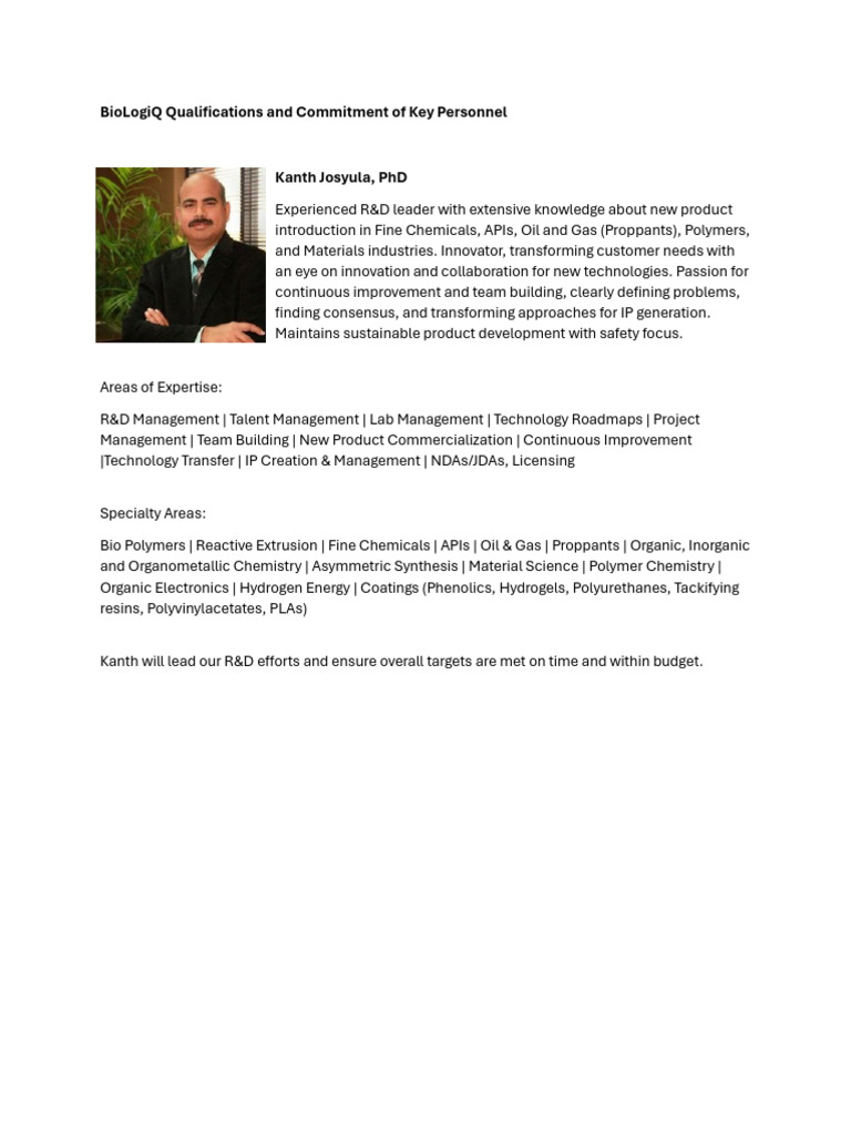 BioLogiQ Key Personnel Qualifications | PDF | Materials Science ...