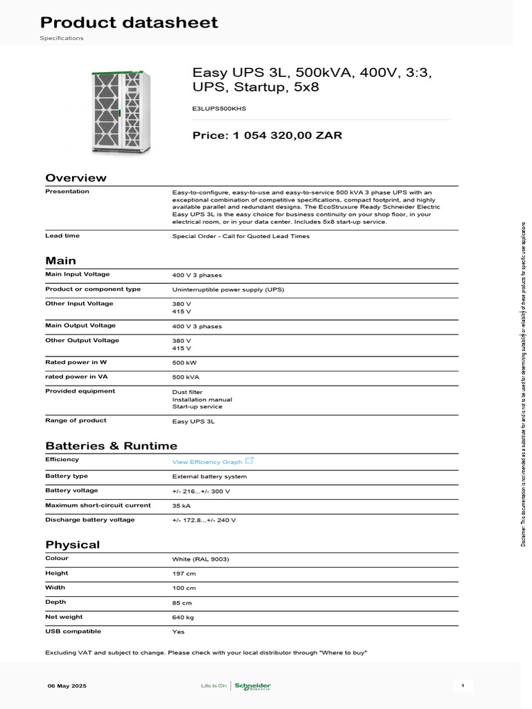 Schneider Electric - Easy-UPS-3L - E3LUPS500KHS | PDF | Mains ...