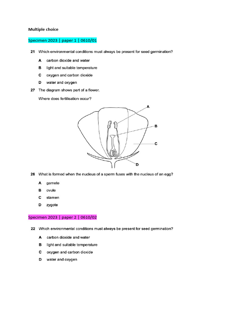 Exercises On Reproduction in Plants. | PDF