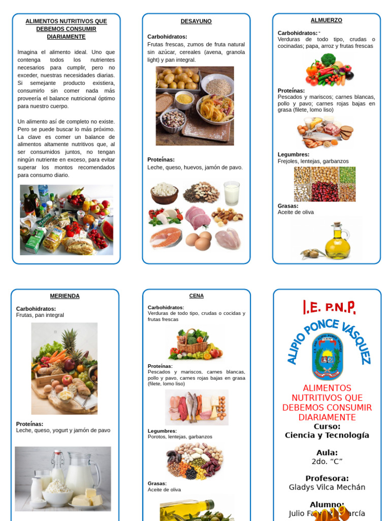 Triptico Alimentos Nutritivos para Consumir Diariamente Fabrizzio | PDF | Alimentos | Nutrición