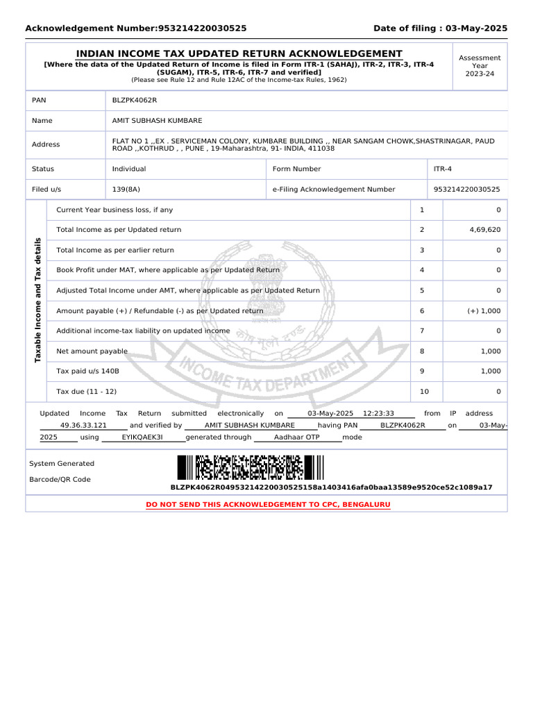 Amit S Kumbare ITR Set AY 2023 - 2024 | PDF | Balance Sheet | Expense