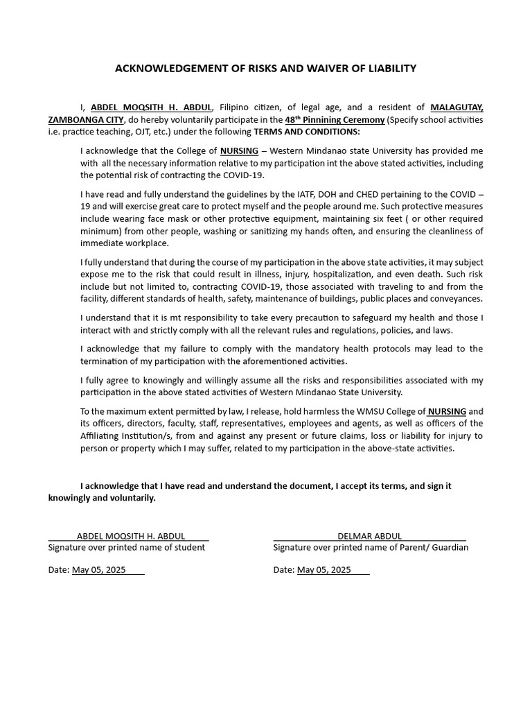 4e Acknowledgement of Risks and Waiver of Liability | PDF | Safety ...