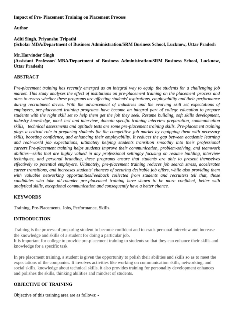Impact of Pre - Placement Training On Placement Process | PDF | Survey Methodology | Internship
