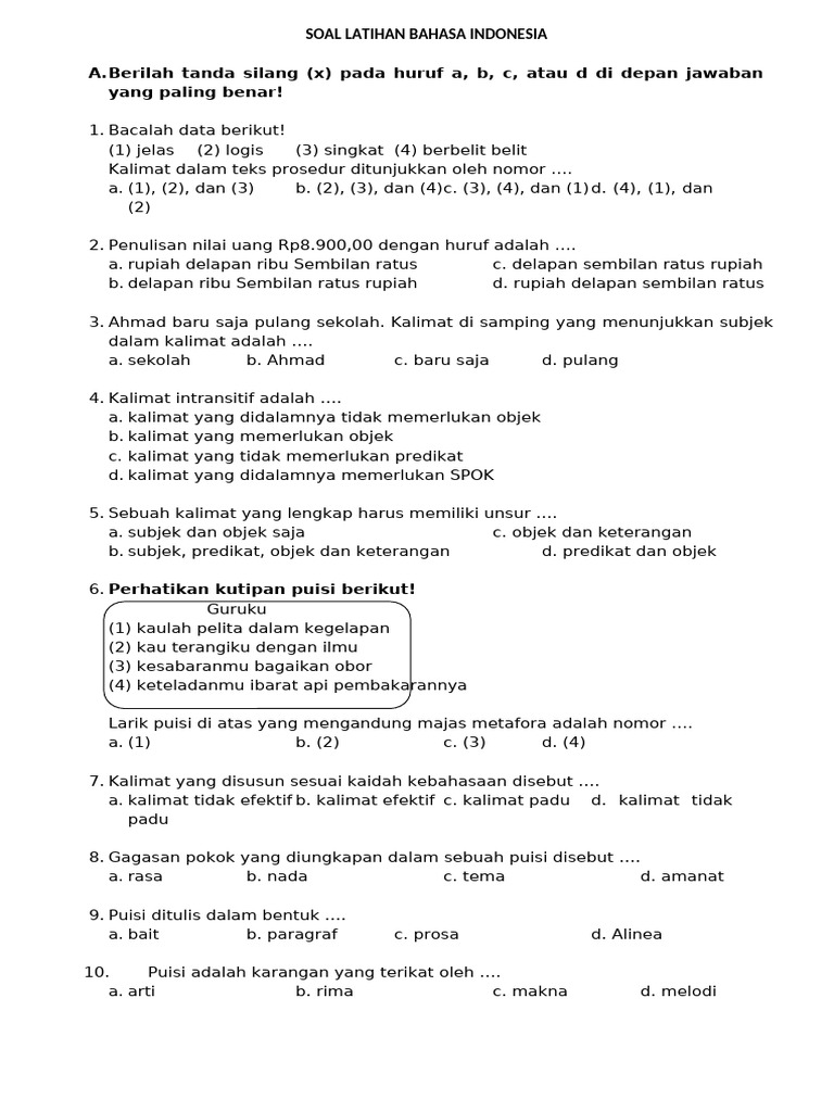 Soal Latihan Bahasa Indonesia Kelas 5 (5 Mei 2025) | PDF