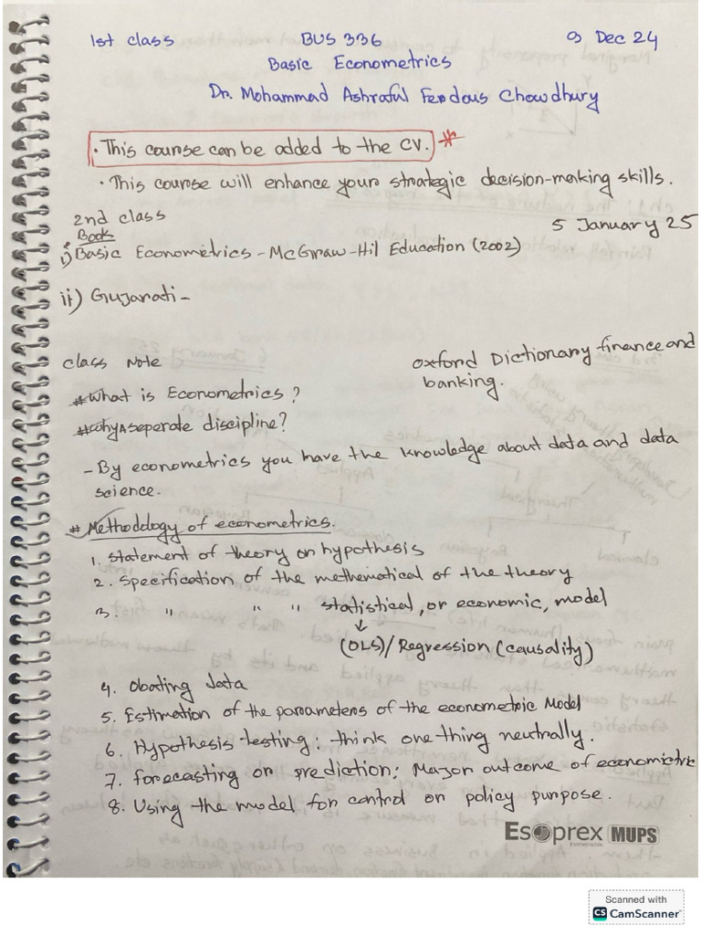 Econometrics Class Notes | PDF