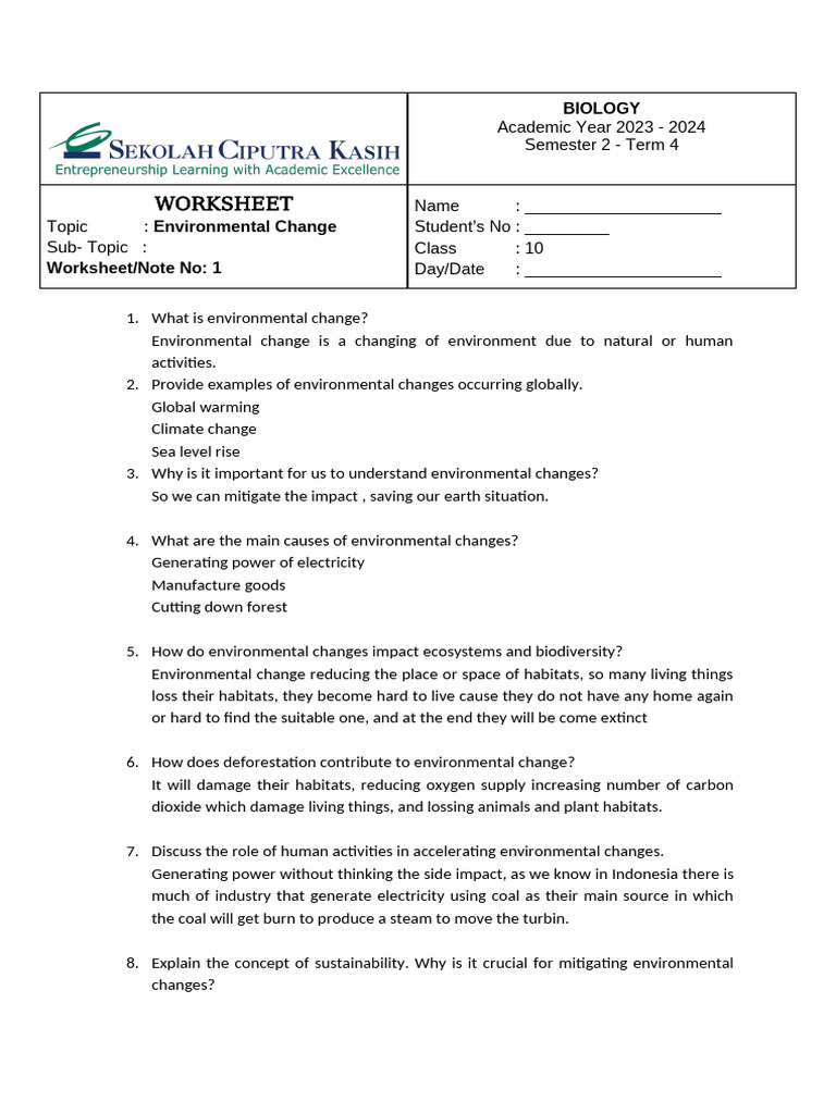 Worksheet Environmental Change | PDF | Natural Environment | Climate ...
