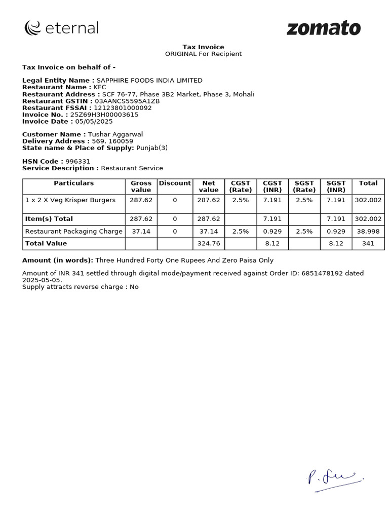 KFC Tax Invoice for Tushar Aggarwal | PDF | Invoice | Taxation