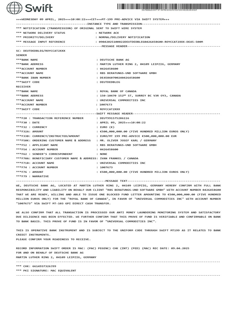 MT-199 Pre-Advice €500M Confirmation | PDF | Service Industries ...