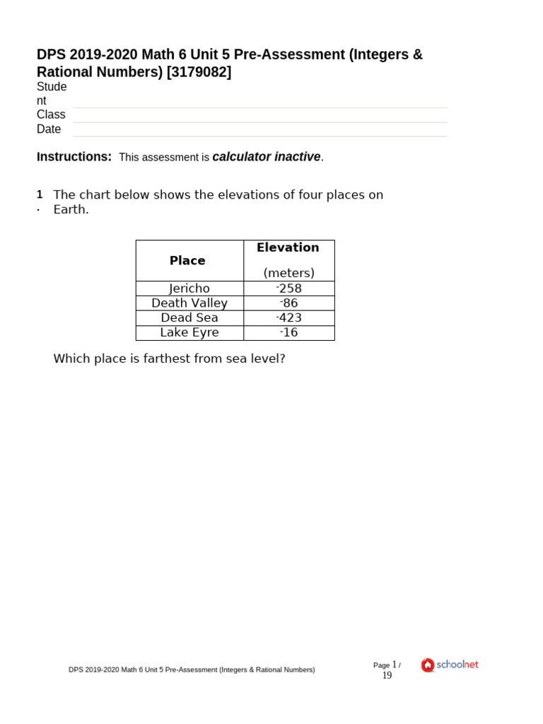 DPS 2019-2020 Math 6 Unit 5 Pre-Assessment (Integers & Rational Numbers ...