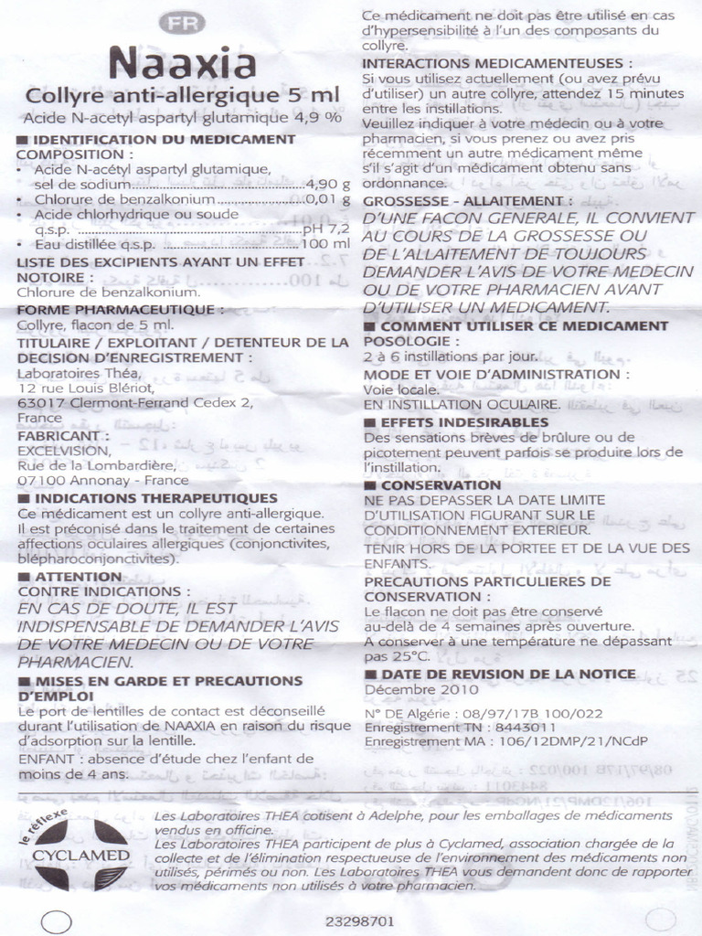 Collyre Naaxia : Indications et Posologie | PDF | Soins de santé | Médecine