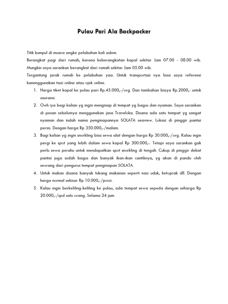 Pulau Pari Ala Backpacker | PDF
