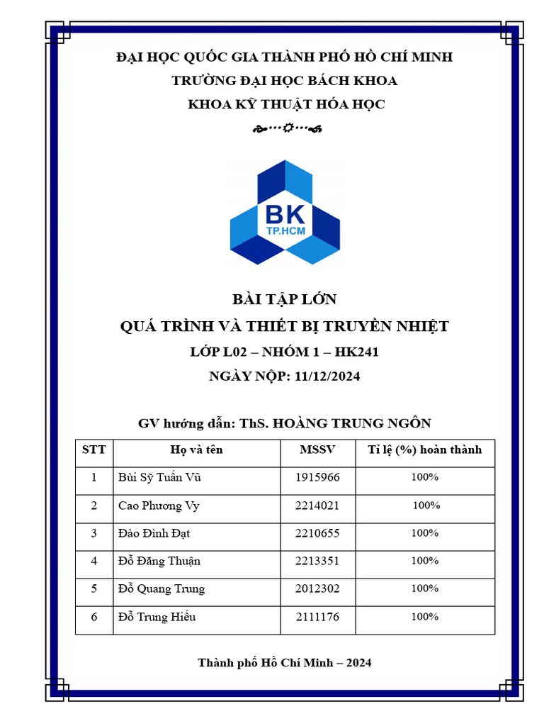BTL Truyền Nhiệt L02 - Nhóm 1 | PDF