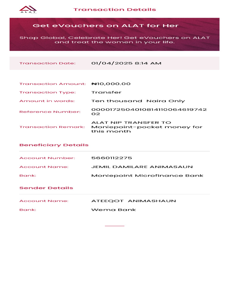 ALAT Transfer Receipt - JEMIL DAMILARE ANIMASAUN - 5660112275 - 10,000.00 - Tuesday, April 1 ...