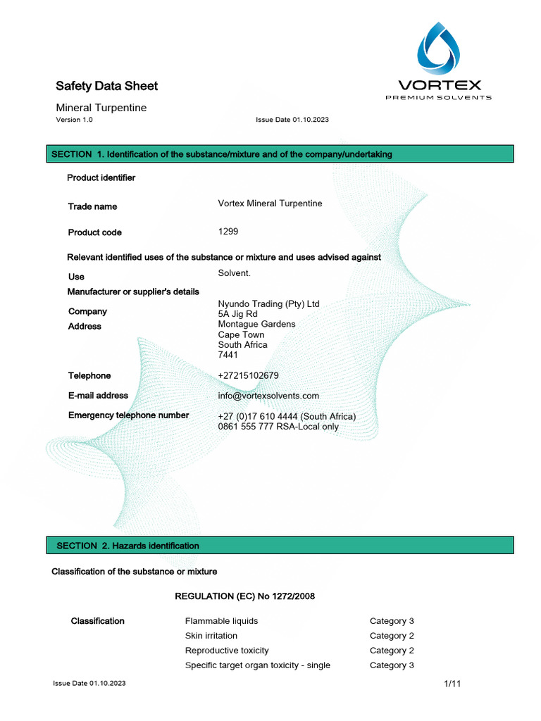 Vortex Solvents Mineral Turpentine MSDS | PDF | Occupational Safety And Health | Safety