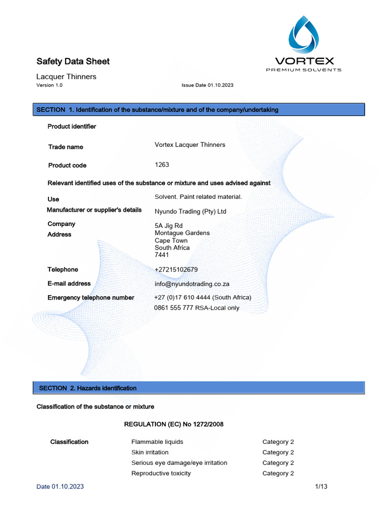 Vortex Solvents Lacquer Thinners MSDS | PDF | Occupational Safety And Health | Safety