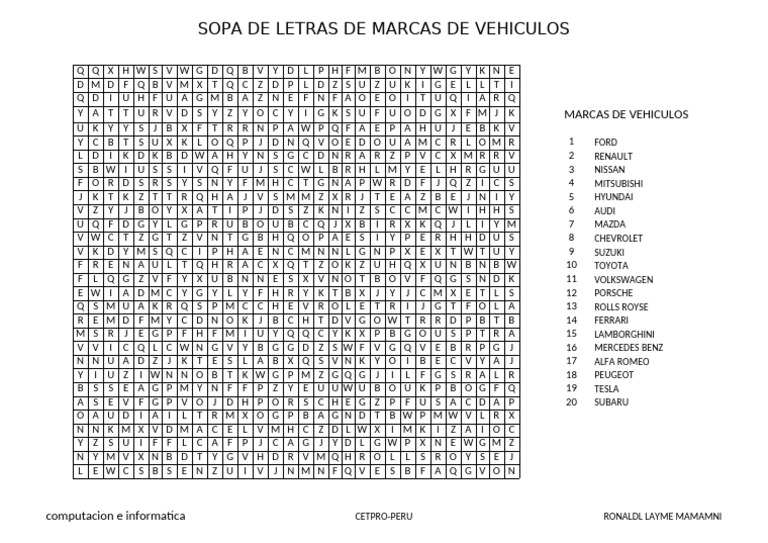 Sopa de Letras: Marcas de Vehículos | PDF | Industria del vehículo ...