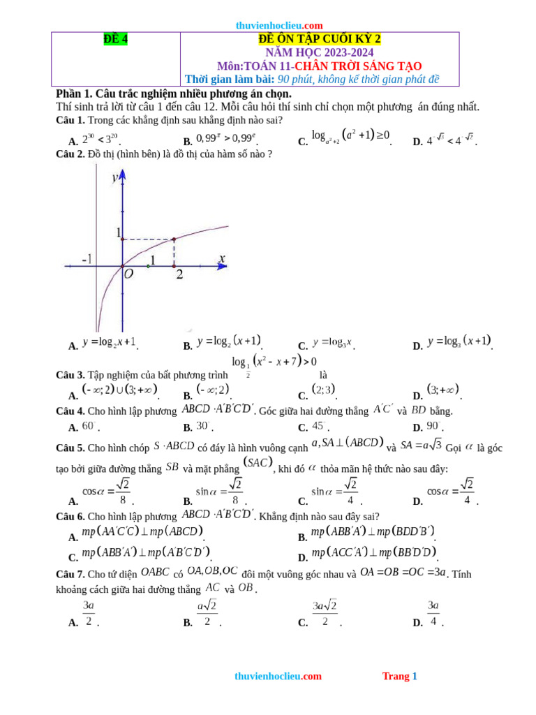 De On Thi HK2 Toan 11 CTST de 4 Hay | PDF