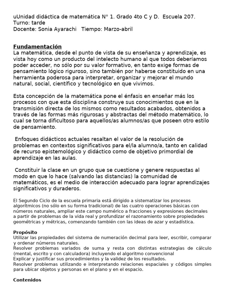 Unidad Didáctica de Matemática 4to Grado | PDF | Matemáticas