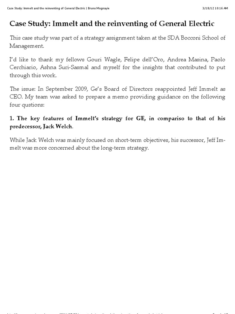 Analysis of Jeff Immelt's Long-Term Strategy for Reinventing General Electric | PDF | General ...