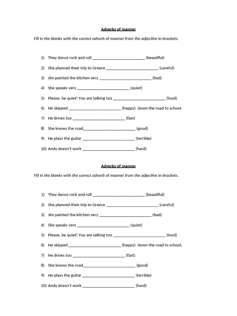Adverbs of Manner Fill-in Exercises | PDF