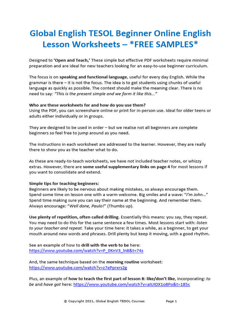 Global English Beginner Online Lesson Worksheets free samples.docx ...