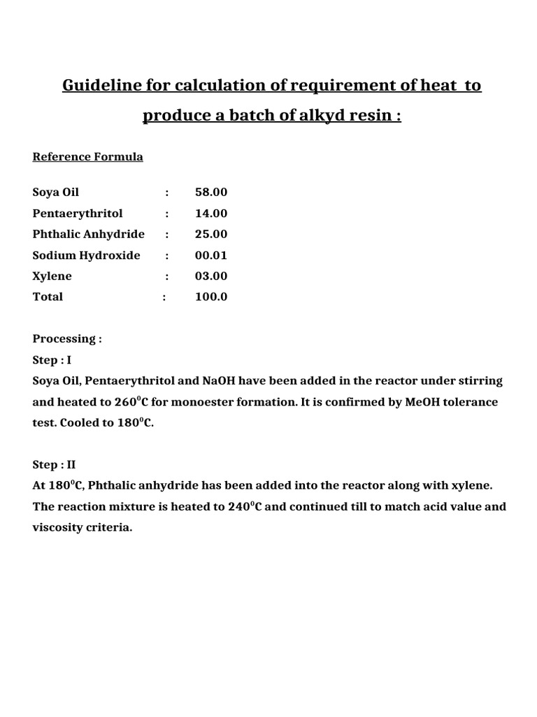 Calculation of Requirement of Heat To Produce A Batch of Alkyd Resin ...