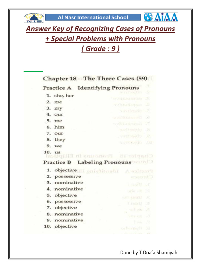 answer key of cases of pronouns + problems with pronouns grade 9 | PDF