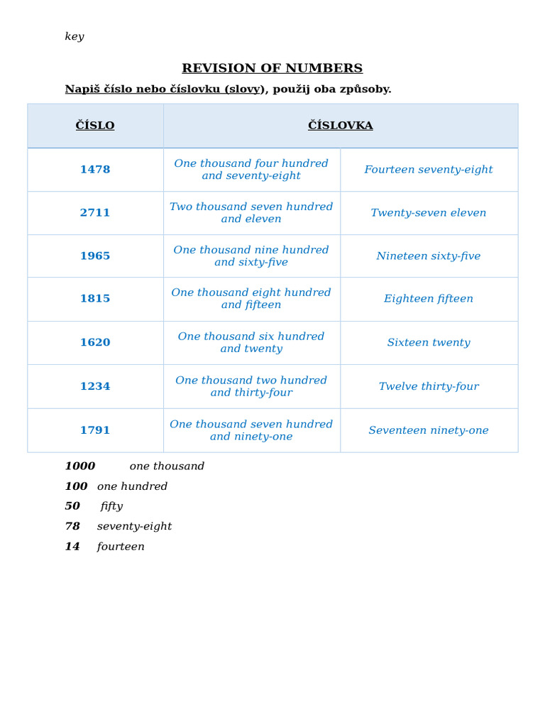 REVISION OF NUMBERS - Key | PDF