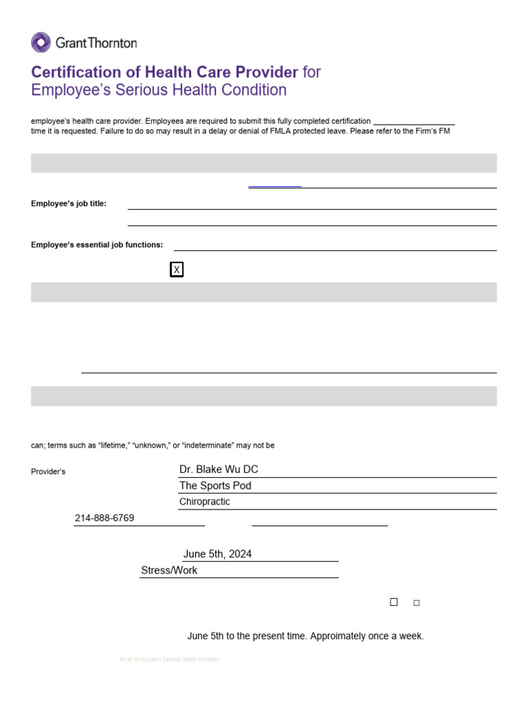 Certification of Health Care Provider For Employee's Serious Health ...