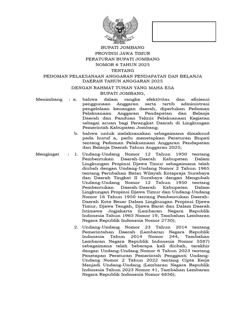 06. Peraturan Bupati tentang Pedoman Pelaksanaan APBD TA 2025 | PDF