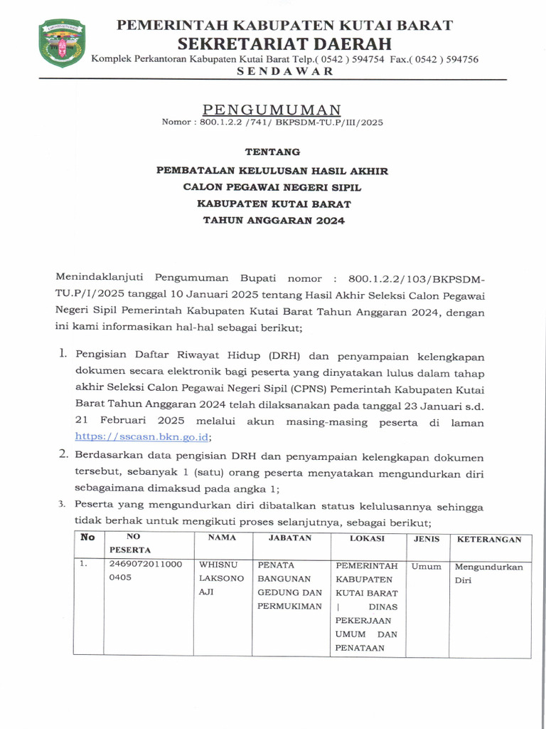 Pengumuman Pembatalan Kelulusan CPNS Ta 2024 | PDF