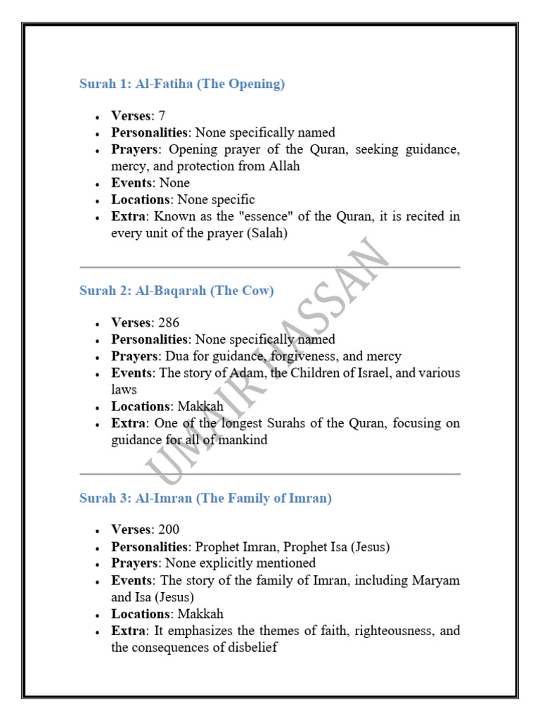 Quran Surahs Detailed Overview | PDF | Surah | Prophets And Messengers ...