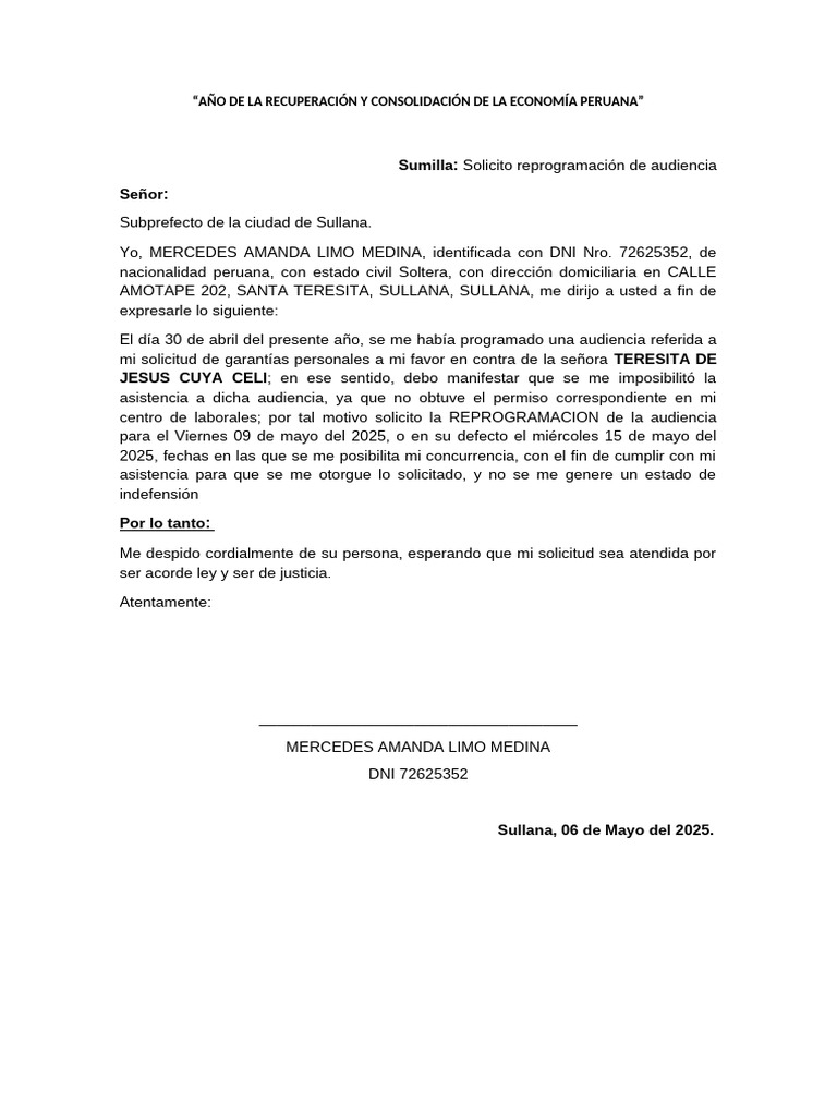 Escrito de Reprogramación de Audiencia de Garantias | PDF