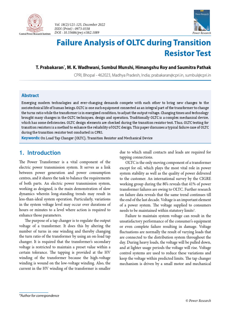 Transition Resistor Test in OLTC | PDF | Transformer | Resistor