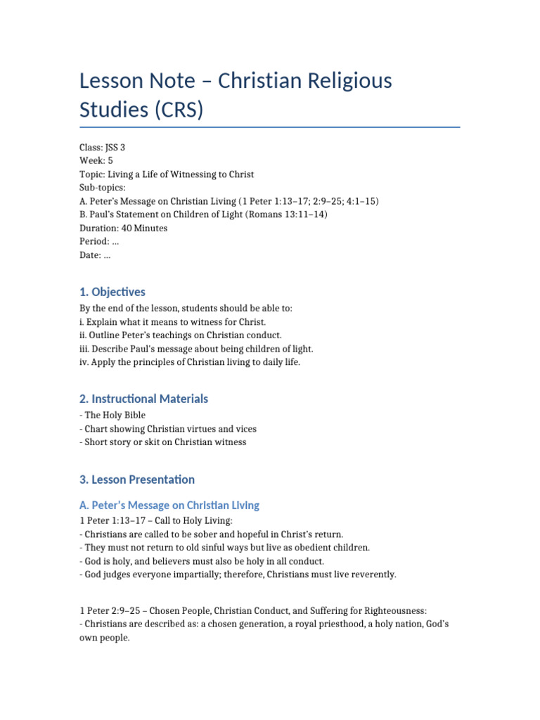Lesson Note CRS Living A Life of Witnessing To Christ | PDF | Jesus | Sin