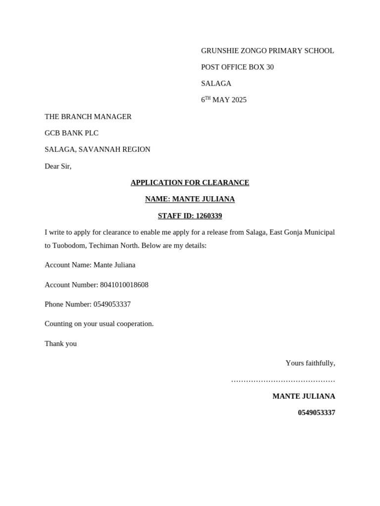 Bank Clearance Application by Mante Juliana | PDF
