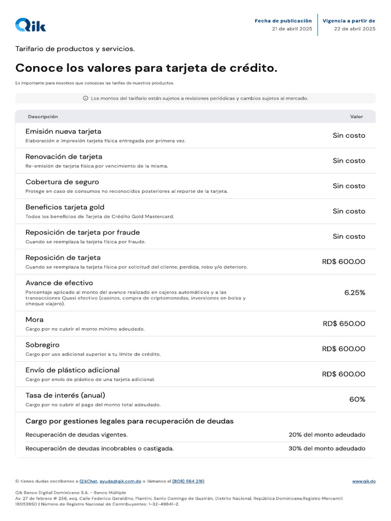 Tarifario de Productos y Servicios Qik Banco Multiple | PDF | Interés | Tarjeta de crédito