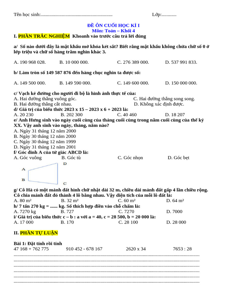 De 2 - On Toan Ck1 Lop 4 | PDF