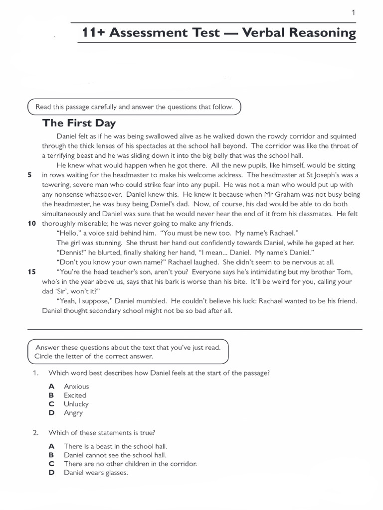 11 Plus Comprehension Daniels's First Day | PDF