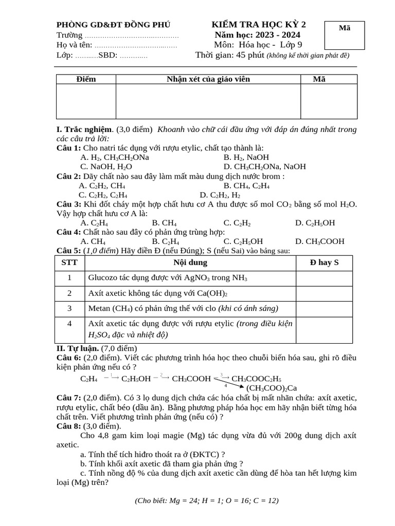 ĐỀ- ĐÁP ÁN HÓA 9 HK2 2023-2024 | PDF