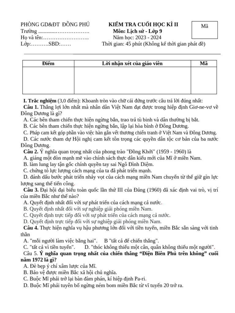 De Kiem Tra Cuoi Hkii Lsu 6, 9 NH 23-24 | PDF