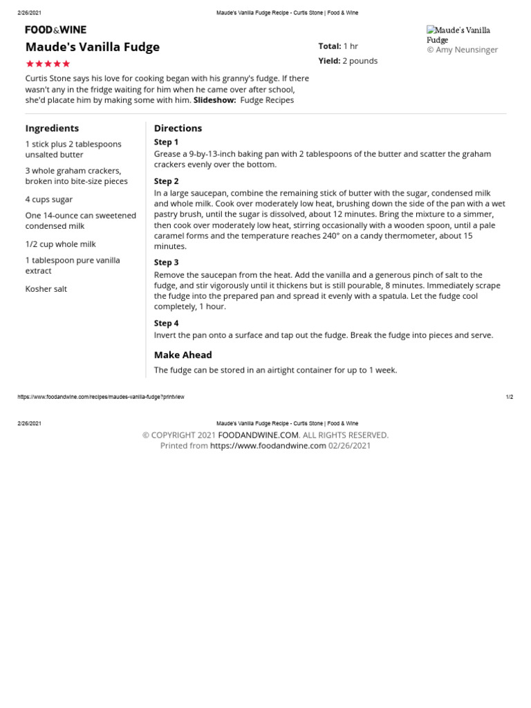 Maude's Vanilla Fudge Recipe - Curtis Stone - Food & Wine | PDF | Fudge ...